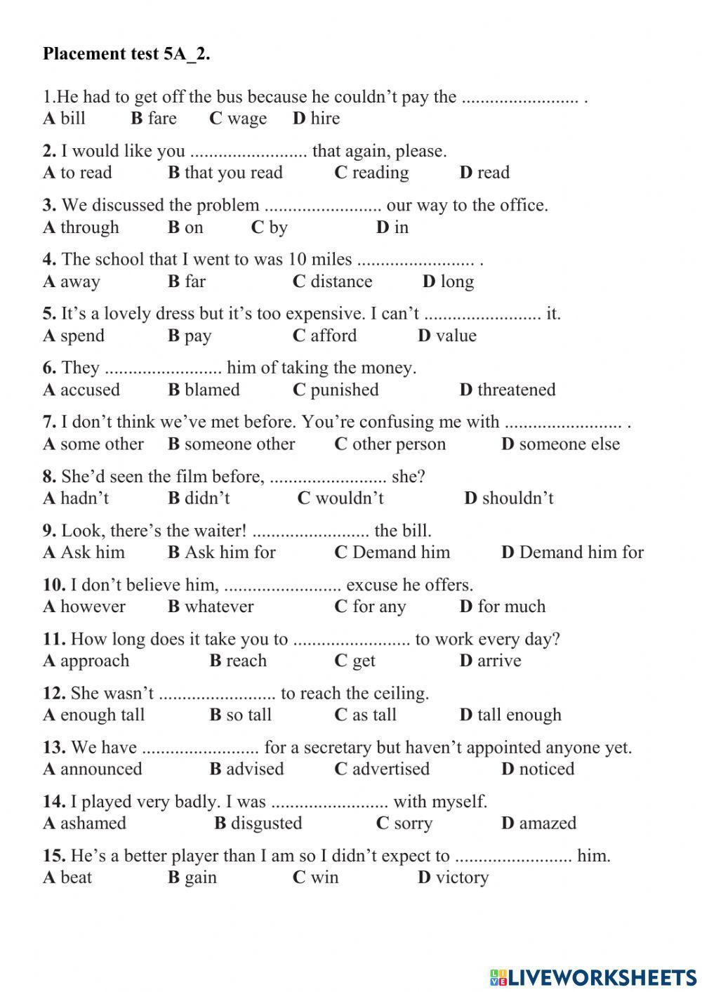 Placement test 3 worksheet | Live Worksheets