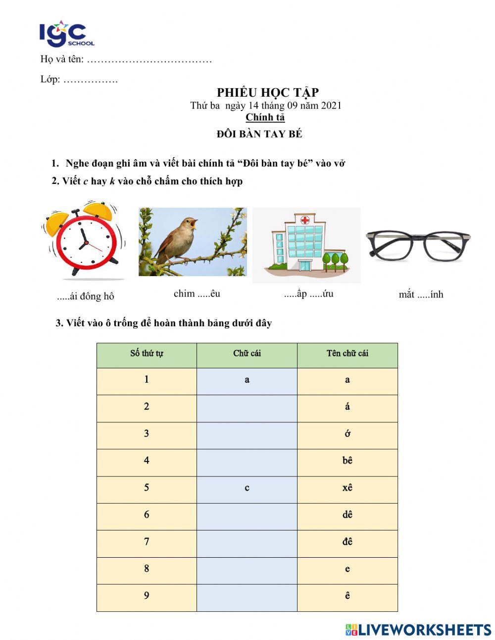 Chính tả-đôi bàn tay bé worksheet | Live Worksheets