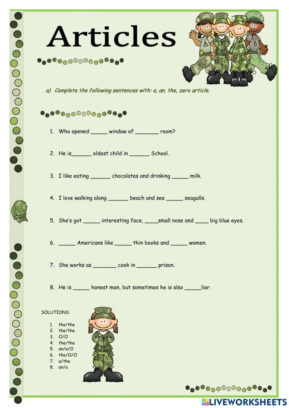 Articles online exercise for Elementary | Live Worksheets