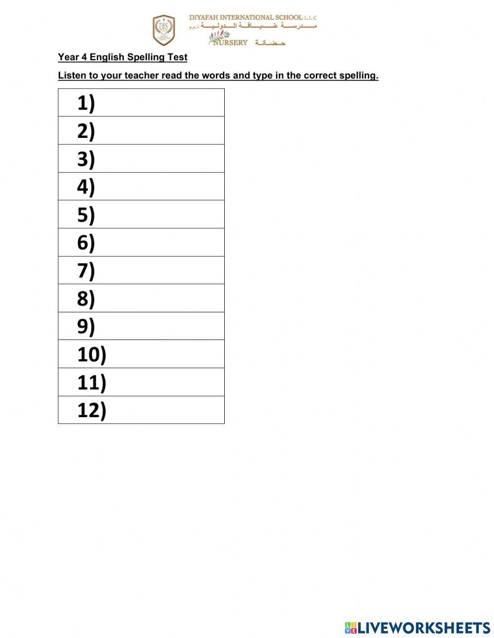 DIS Spelling Test Term 1 Week 3 worksheet | Live Worksheets