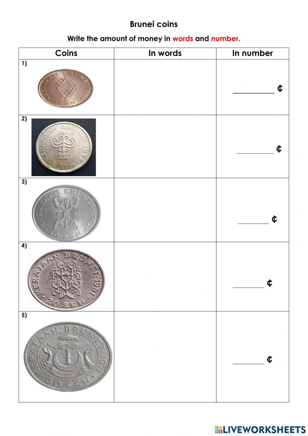 Brunei coins an… | Free Interactive Worksheets | 1384498