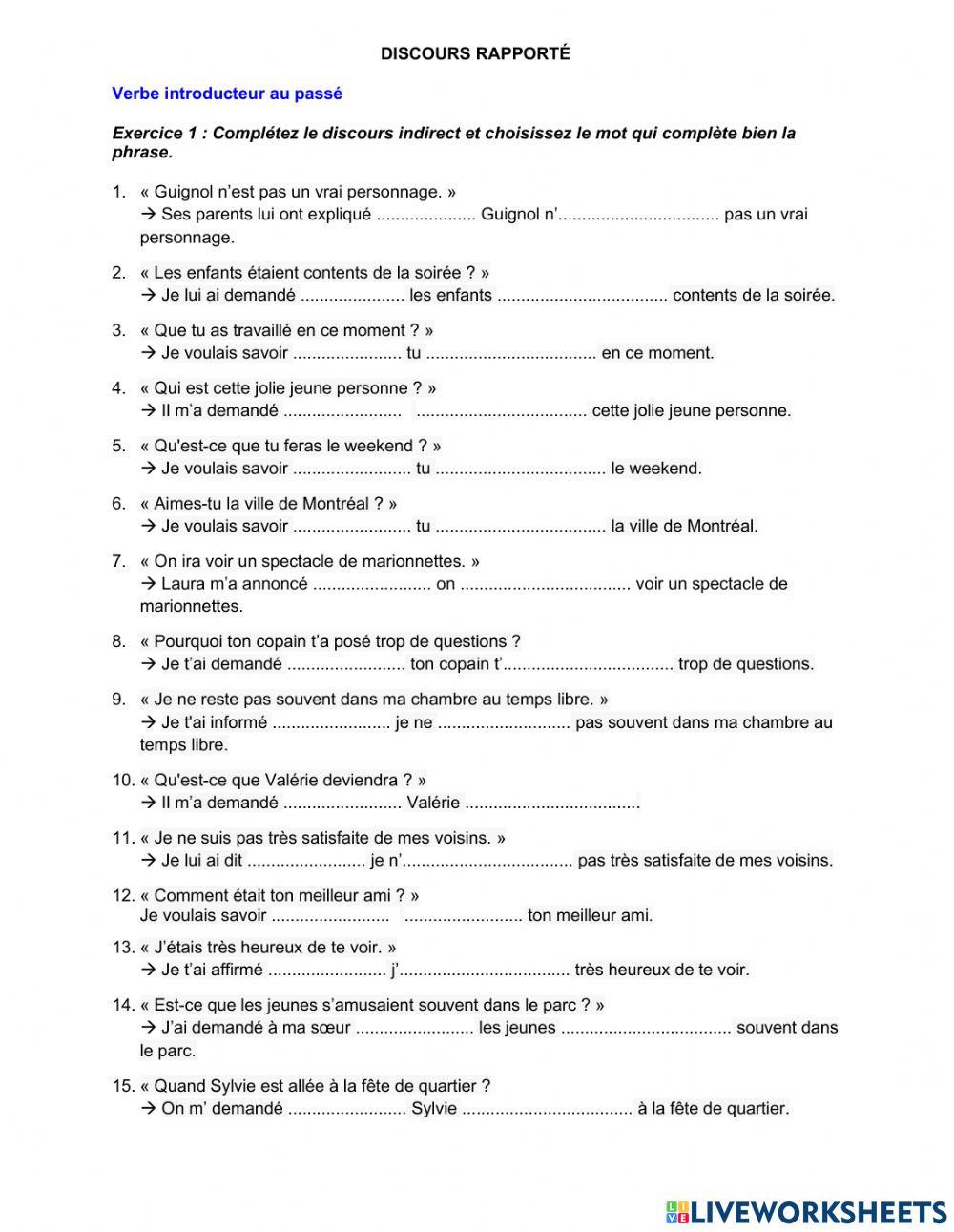 Discours rappor… | Free Interactive Worksheets | 1384658