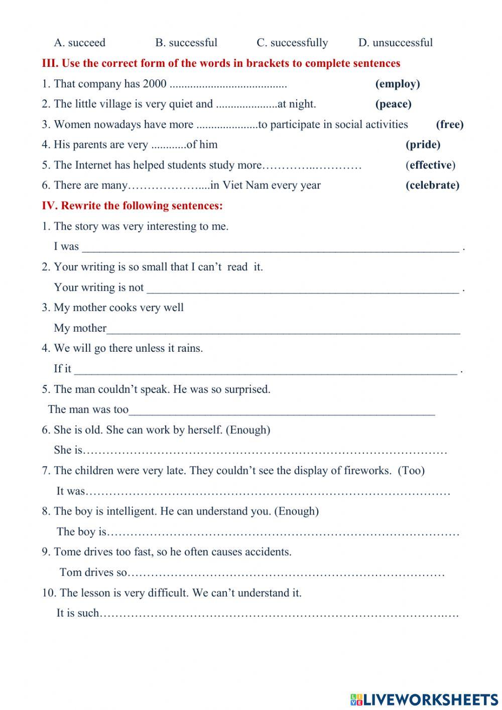 Written test worksheet for grade 9 | Live Worksheets