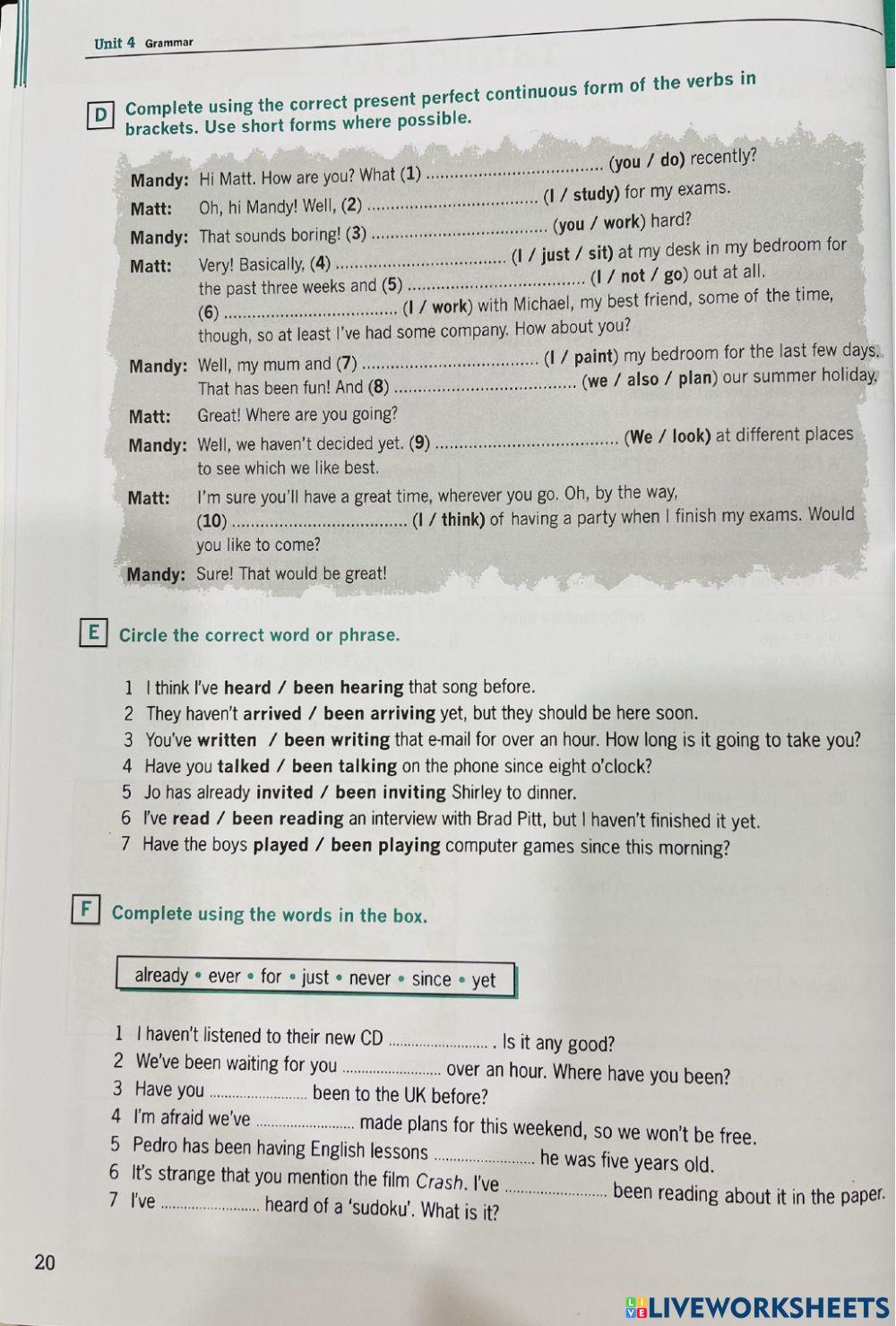 Destination B1-U4-Grammar-Present perfect simple, present perfect continuous online exercise for ...