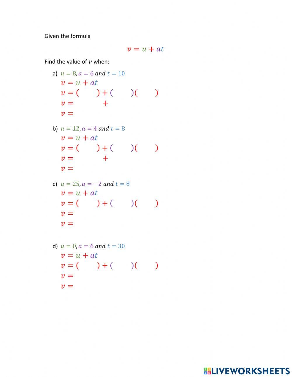 Substitution in… | Free Interactive Worksheets | 1385162