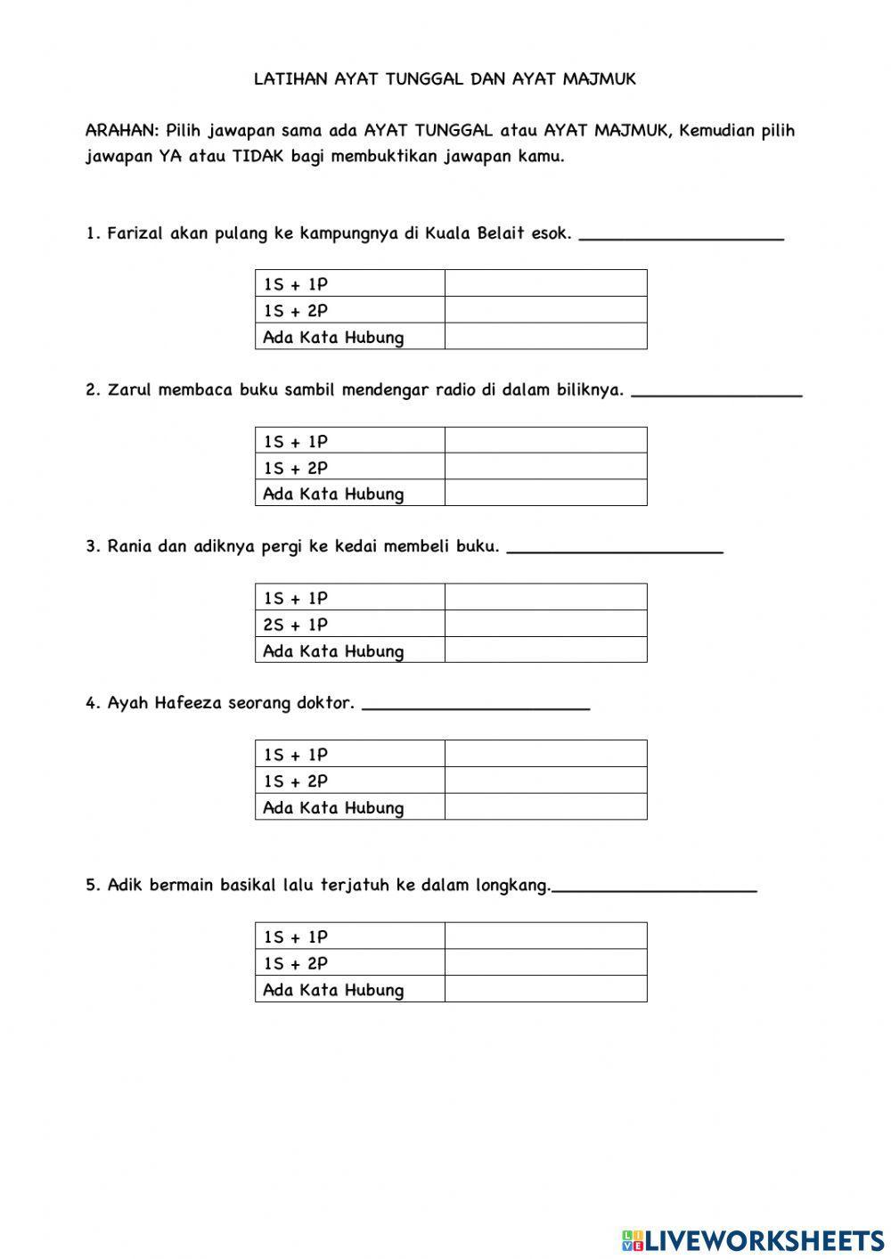 Ayat tunggal dan ayat majmuk free worksheet | Live Worksheets