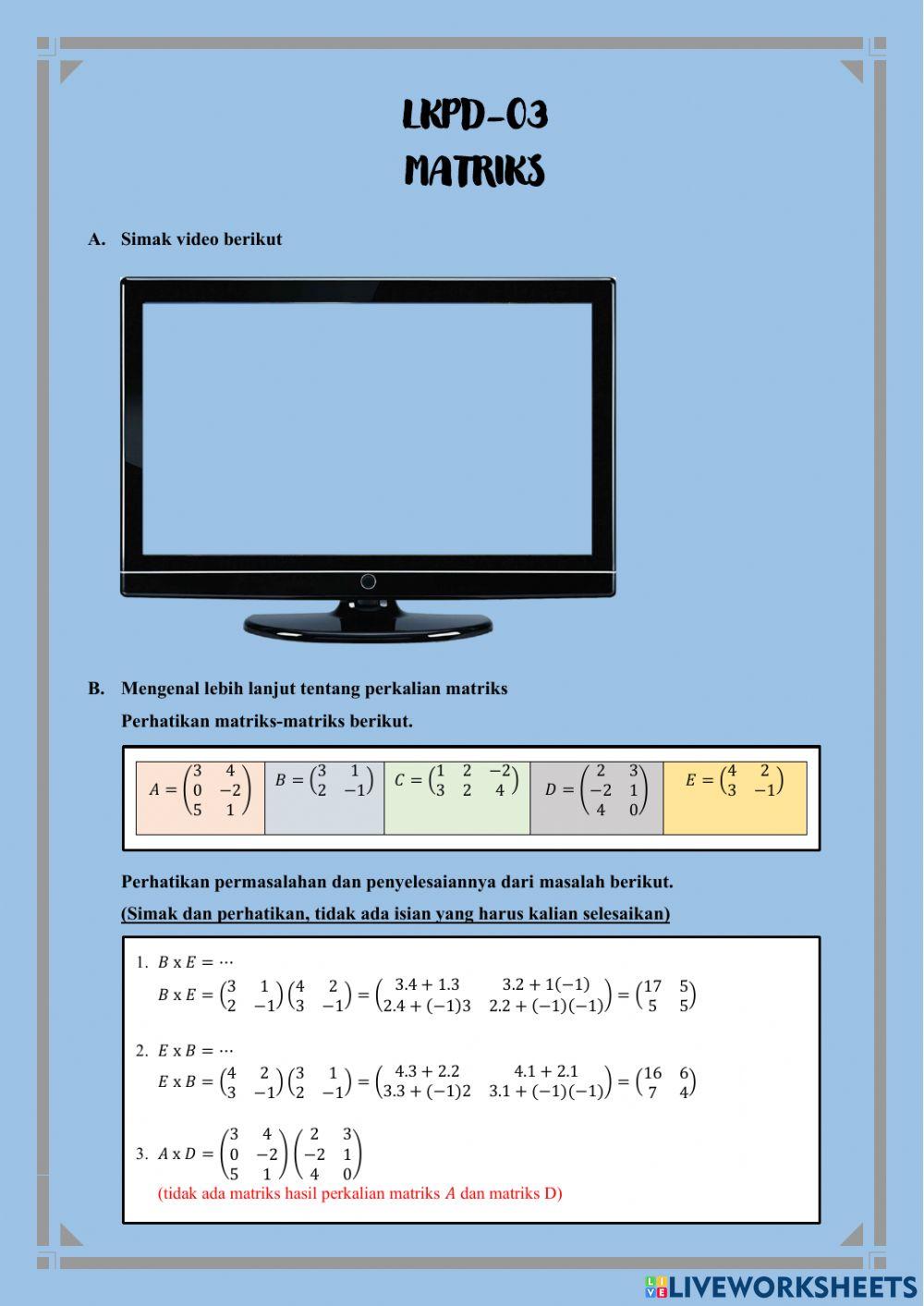 LKPD 03 Matriks | Free Interactive Worksheets | 1385928