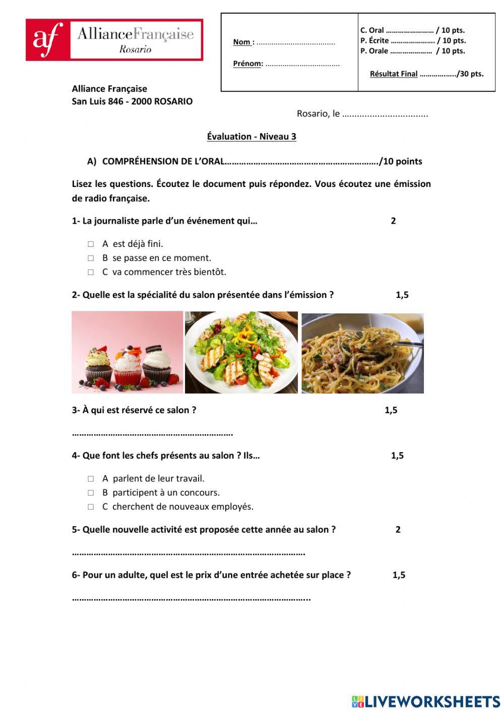 Évaluation finale niveau 3 worksheet | Live Worksheets