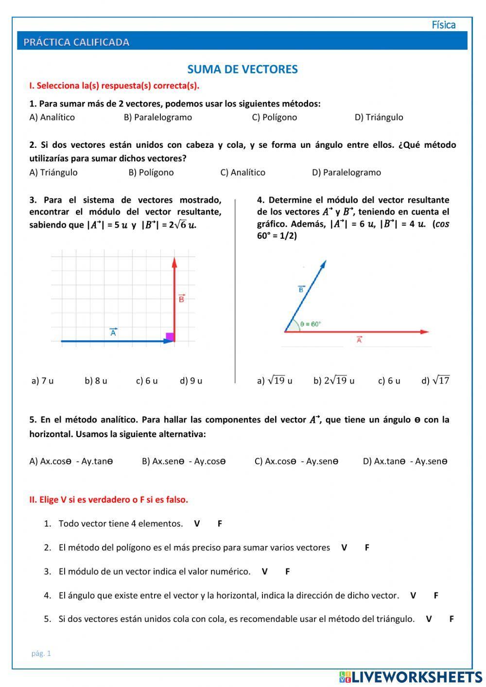 Suma de vectores | Free Interactive Worksheets | 1387026