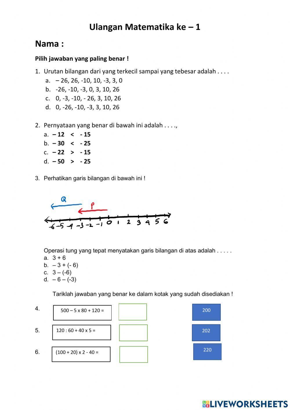 Ulangan MAtematika 1 exercise | Live Worksheets