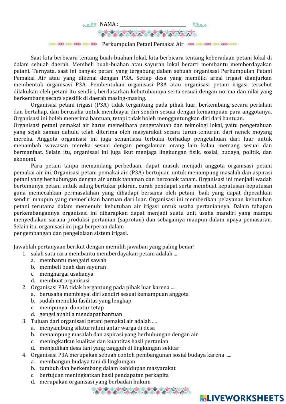 Perkumpulan Petani Pemakai Air worksheet | Live Worksheets