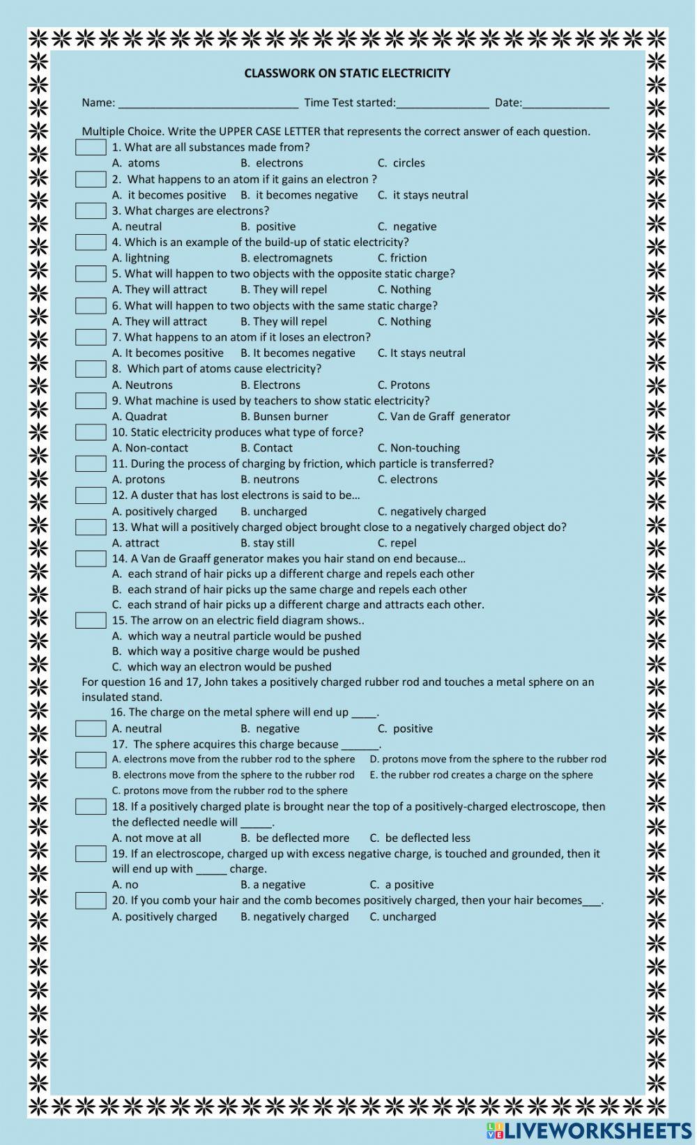 Static Electric… | Free Interactive Worksheets | 1387140