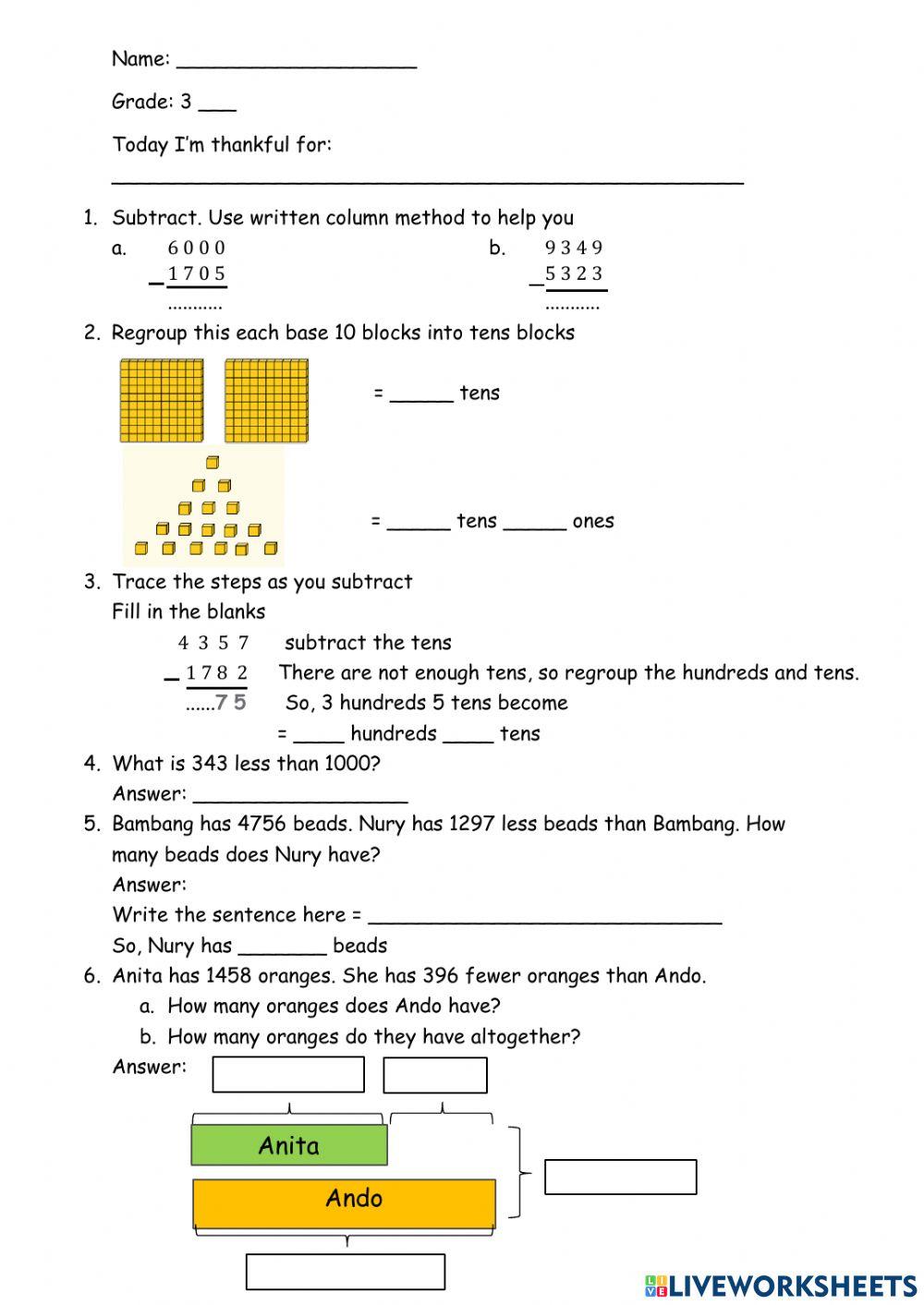 SUBTRACTION WITHIN 10 000 RE-QUIZ online exercise for | Live Worksheets