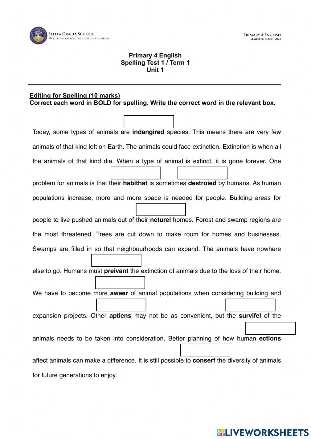 P4 Spelling Test worksheet | Live Worksheets