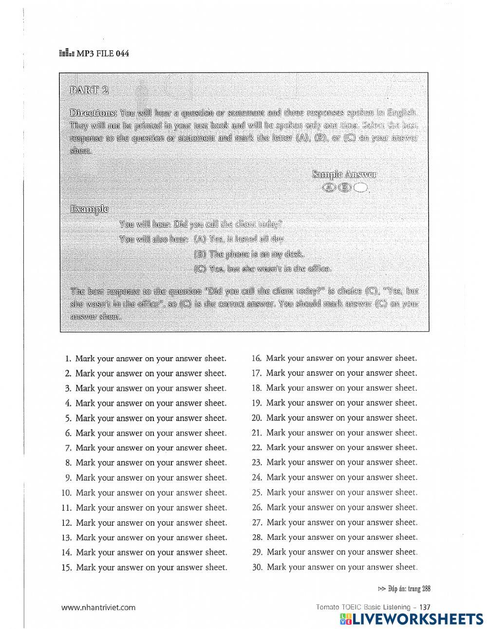 TOEIC part 2 1318 | hagumichan | Live Worksheets