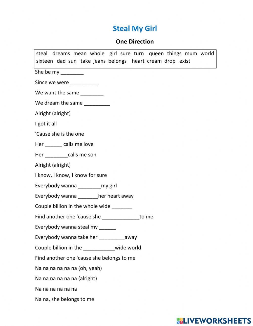 Steal My Girl | Free Interactive Worksheets | 1388801