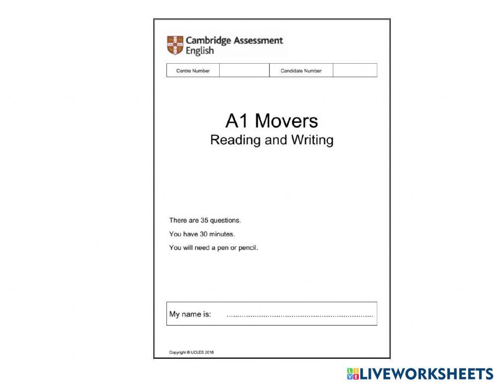 CAMBRIDGE MOVERS TEST - READING - WRITING online exercise for | Live ...