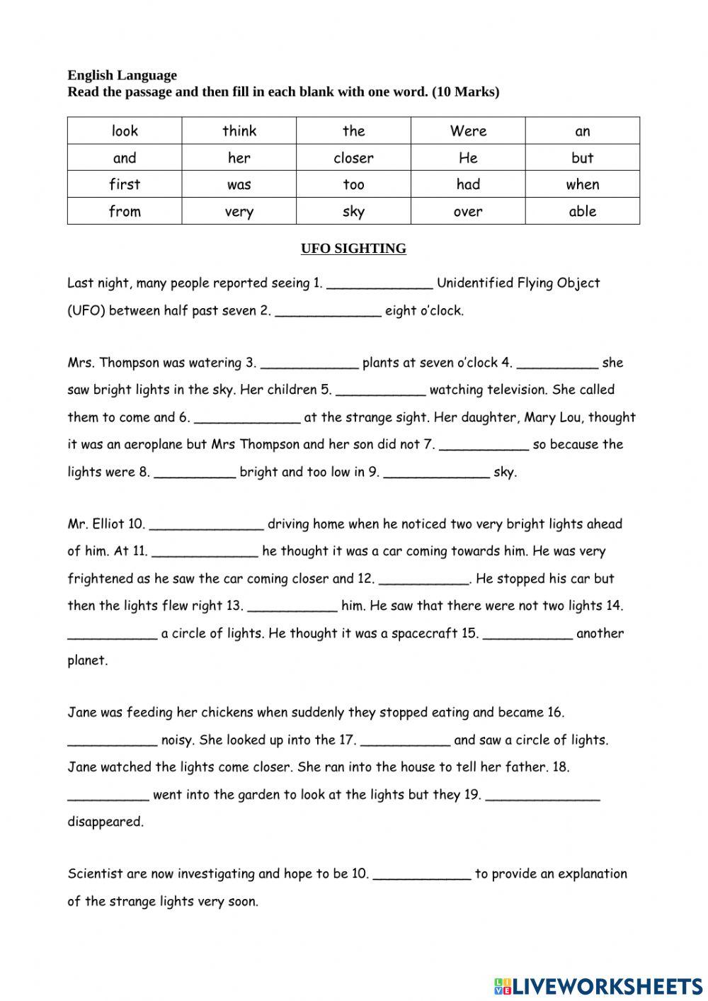 UFO Sightings Cloze Passage online exercise for | Live Worksheets