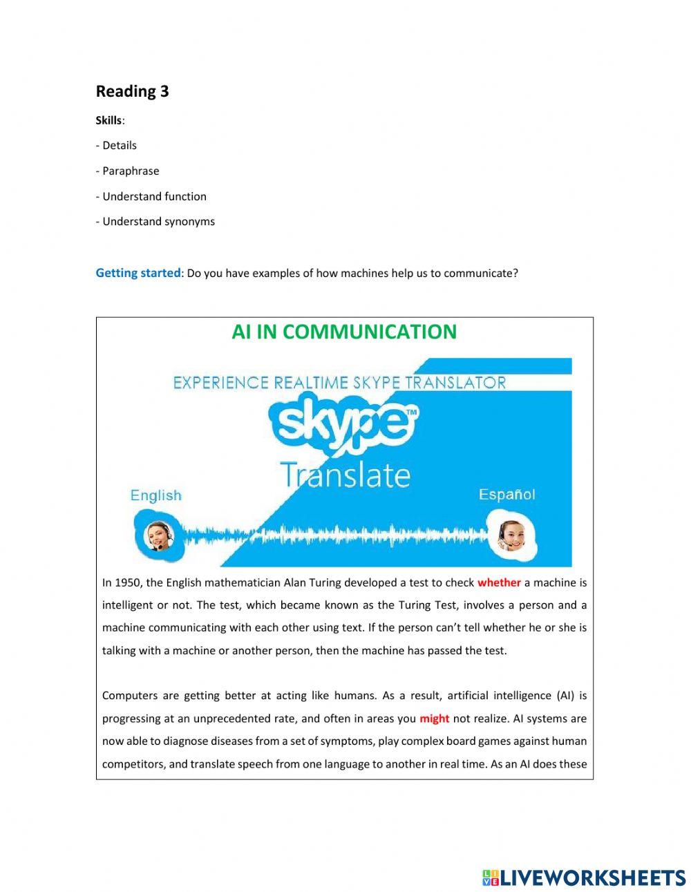 AI in communication worksheet | Live Worksheets
