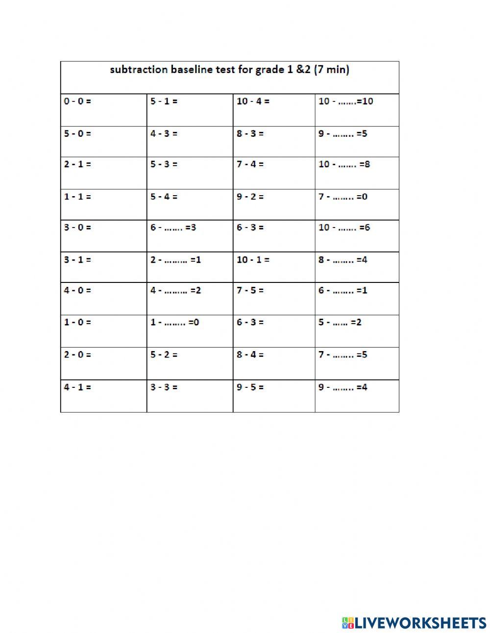 Subtraction Baseline worksheet | Live Worksheets