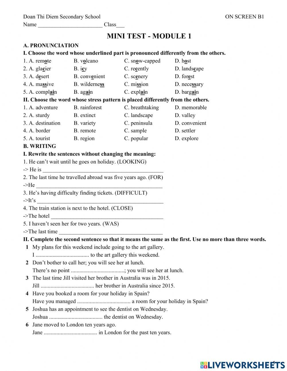 MINI TEST - On … | Free Interactive Worksheets | 3385643