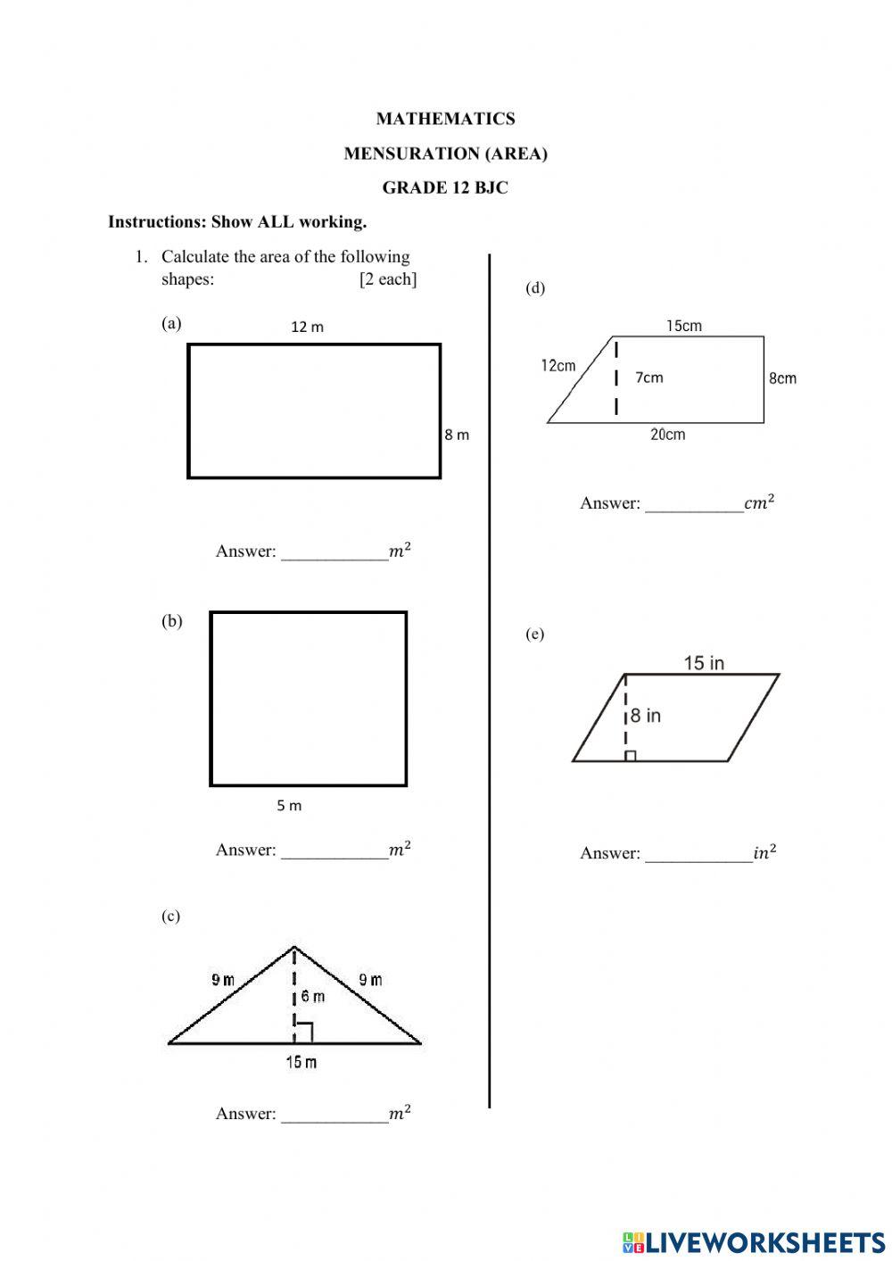 Area Worksheet online exercise for | Live Worksheets