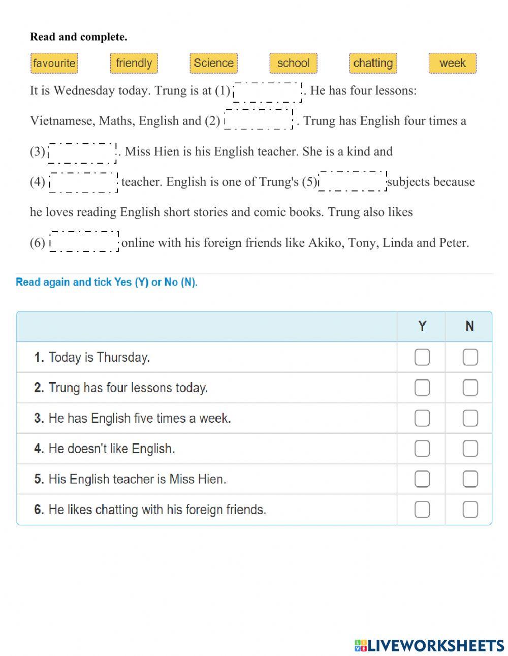 Tieng Anh 5 Unit 6 rev-2 worksheet | Live Worksheets