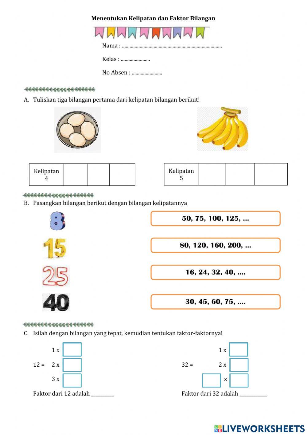 Kelipatan dan Faktor Bilangan online worksheet | Live Worksheets