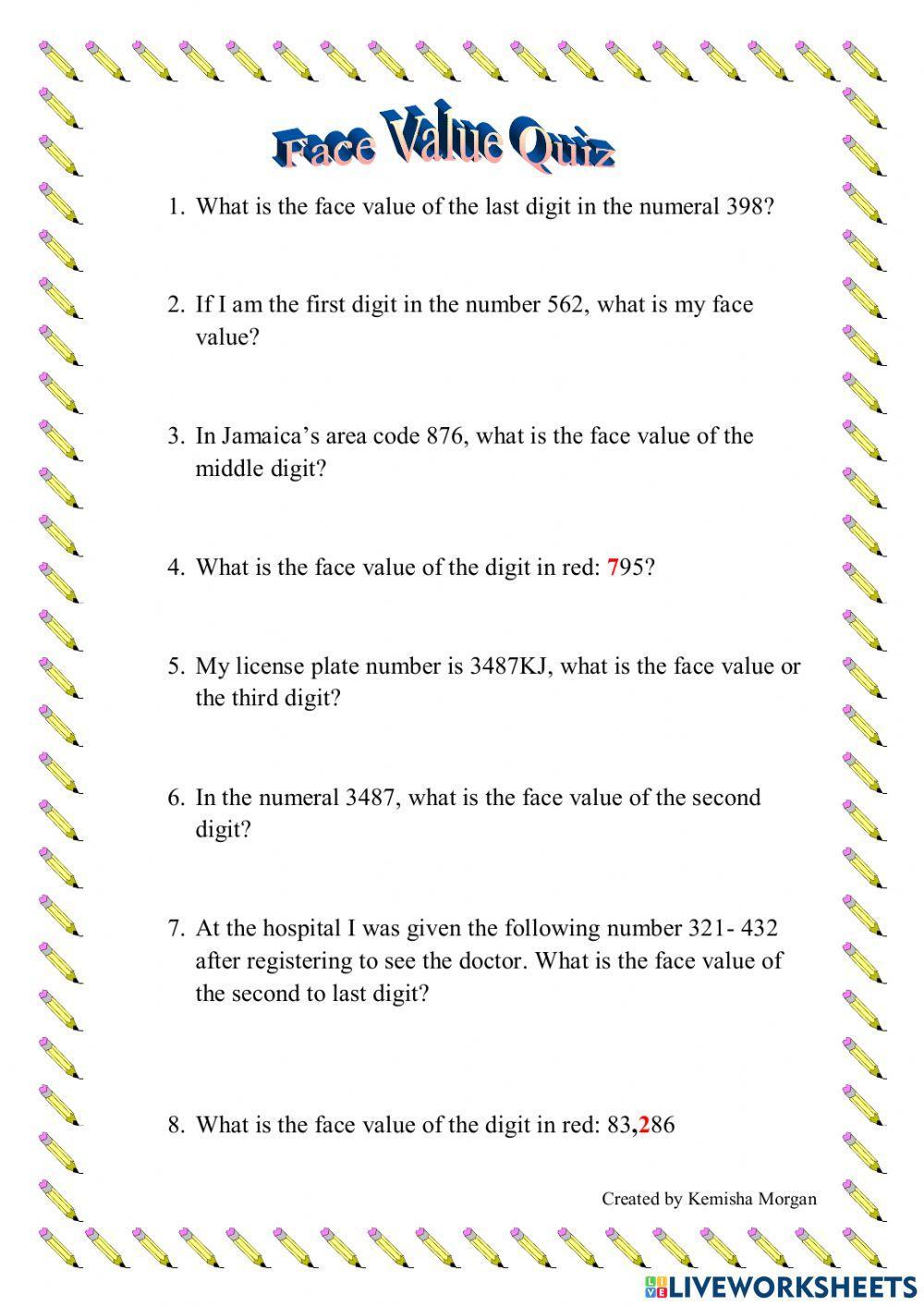 Face Value Work… | Free Interactive Worksheets | 1382110