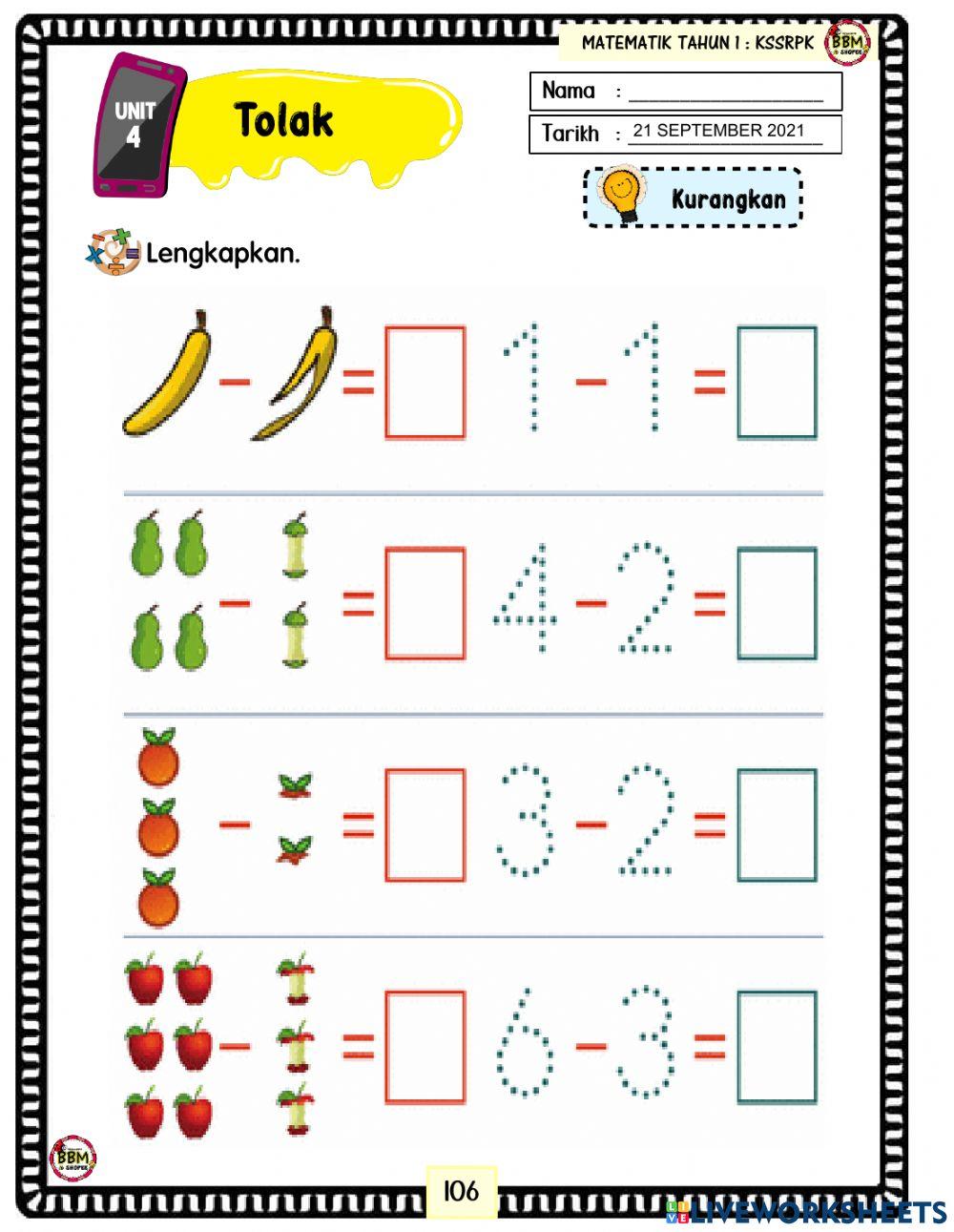 Operasi Tolak online exercise for 7 | Live Worksheets