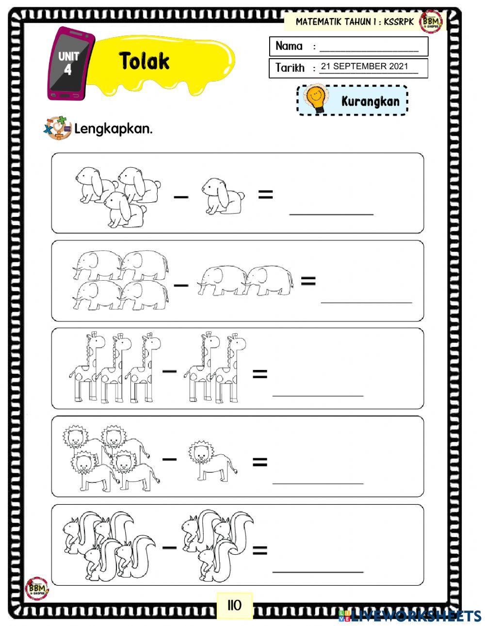Operasi Tolak online exercise for 7 | Live Worksheets