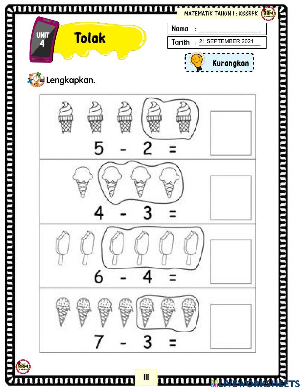 Operasi Tolak online exercise for 7 | Live Worksheets