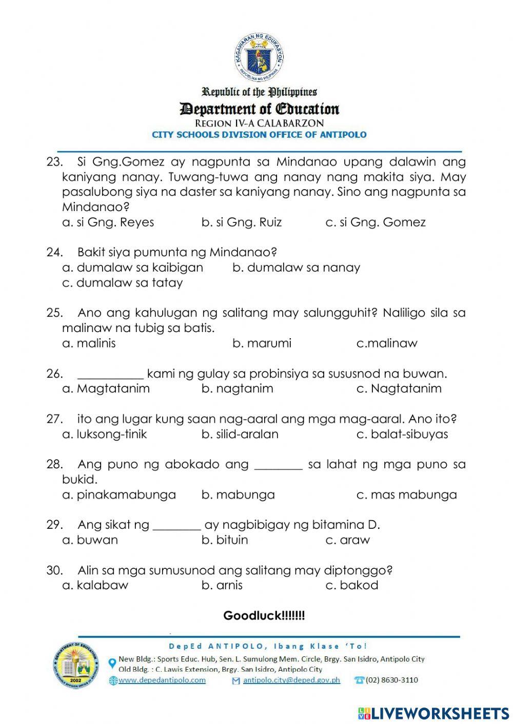 Diagnostic Test in Filipino 2 worksheet | Live Worksheets