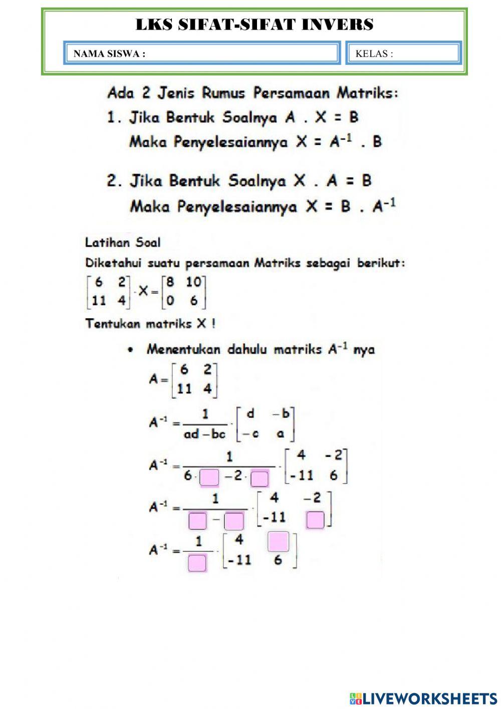 Sifat Invers Matriks 1392960 | pakhuda | Live Worksheets