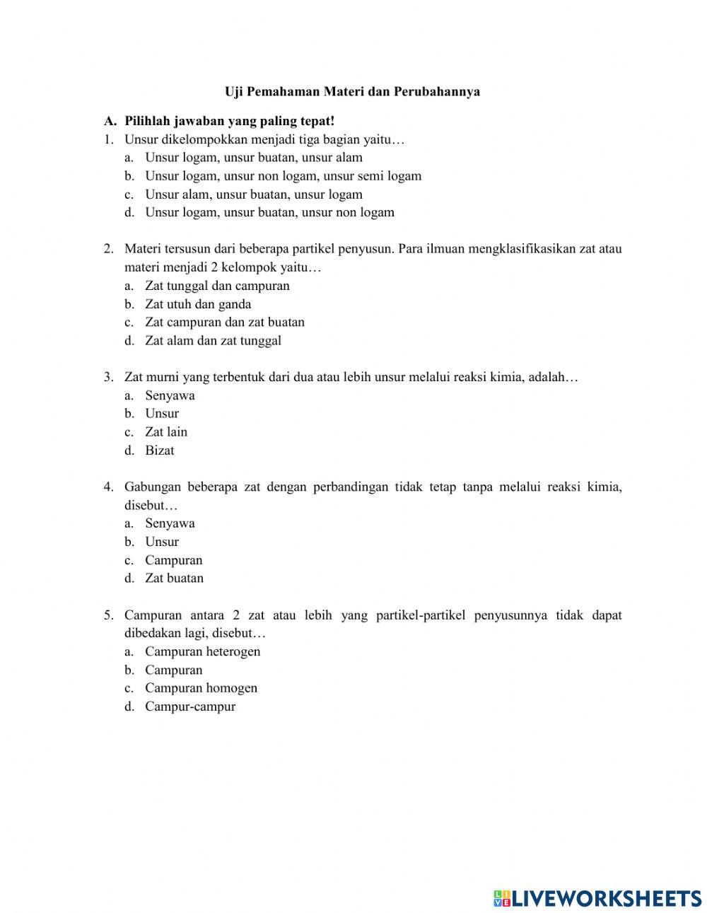 Klasifikasi Materi worksheet for 7 | Live Worksheets