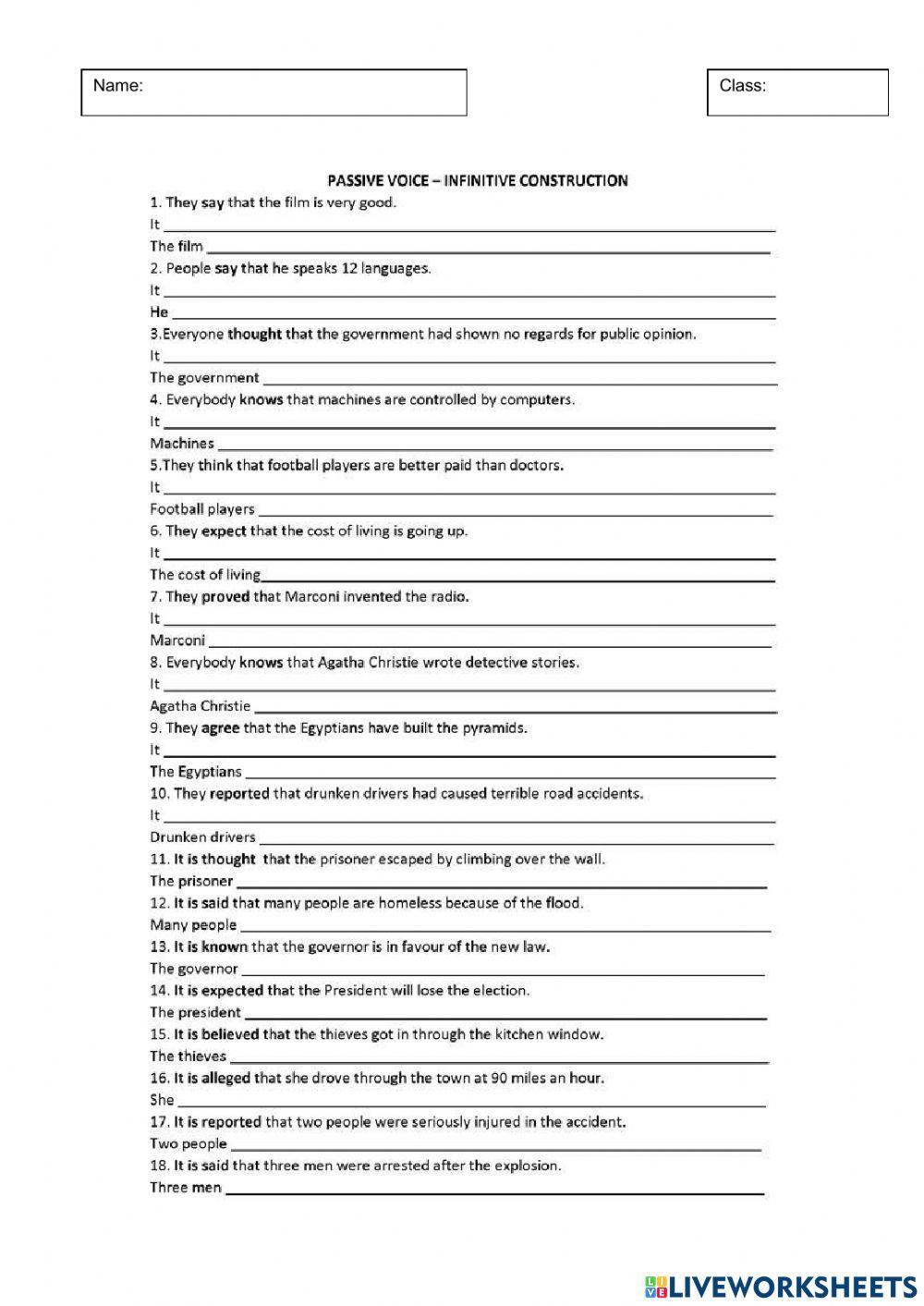 Grade 8 8e The Passive With Reporting Verbs Worksheet Live Worksheets