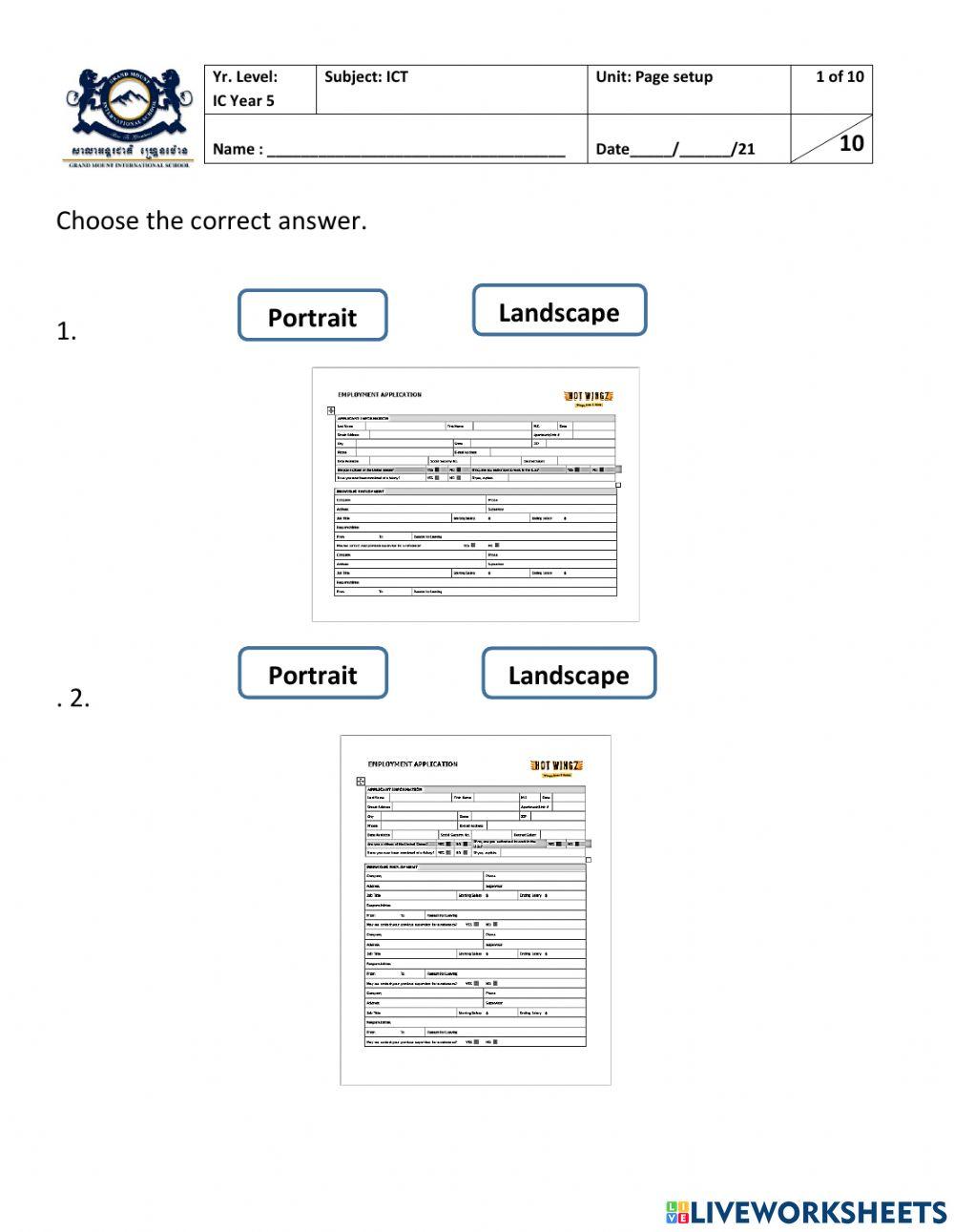 Page setup | Free Interactive Worksheets | 1394201
