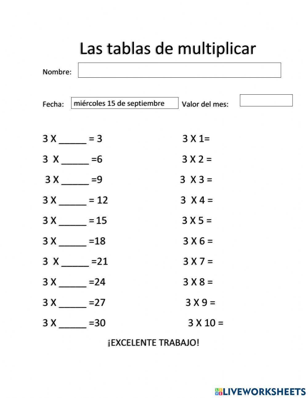 La tabla del 3 worksheet for tercero | Live Worksheets