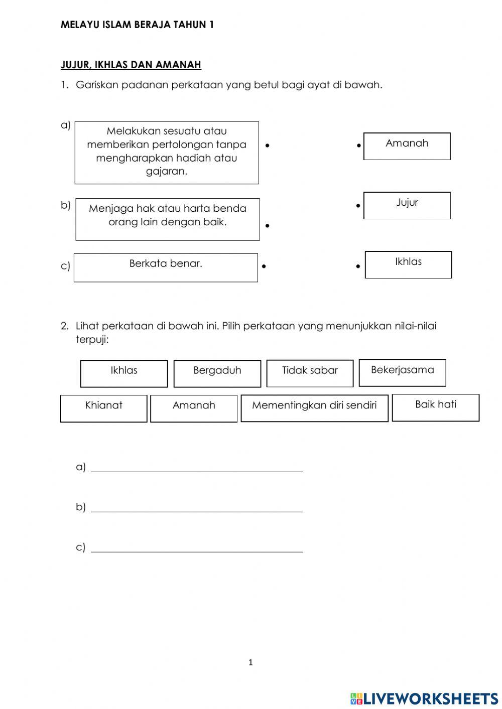 Jujur, Ikhlas d… | Free Interactive Worksheets | 1394588