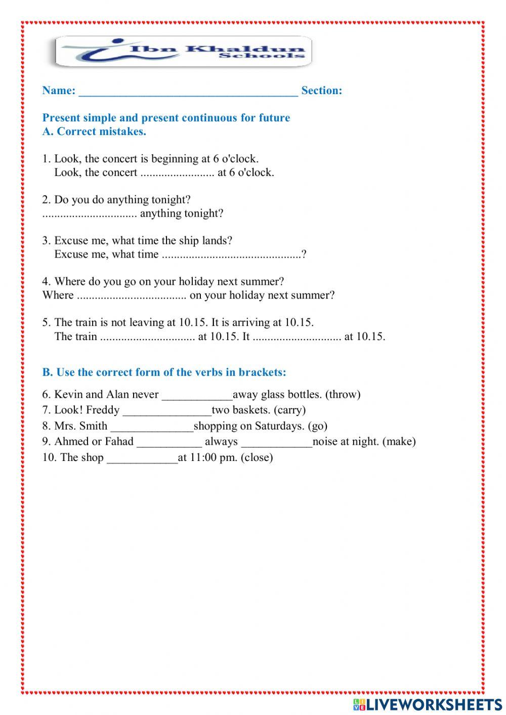 worksheets No 3 unit 1 present simple v present