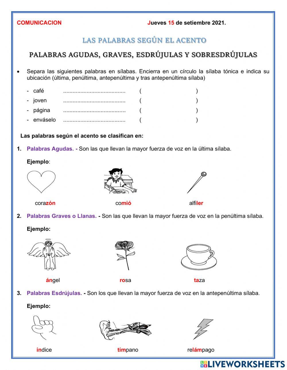 Las palabras según el acento worksheet | Live Worksheets