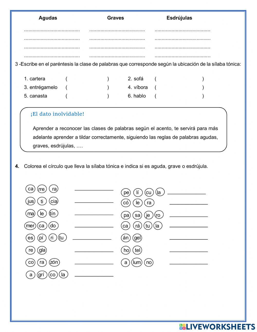 Las palabras según el acento worksheet | Live Worksheets