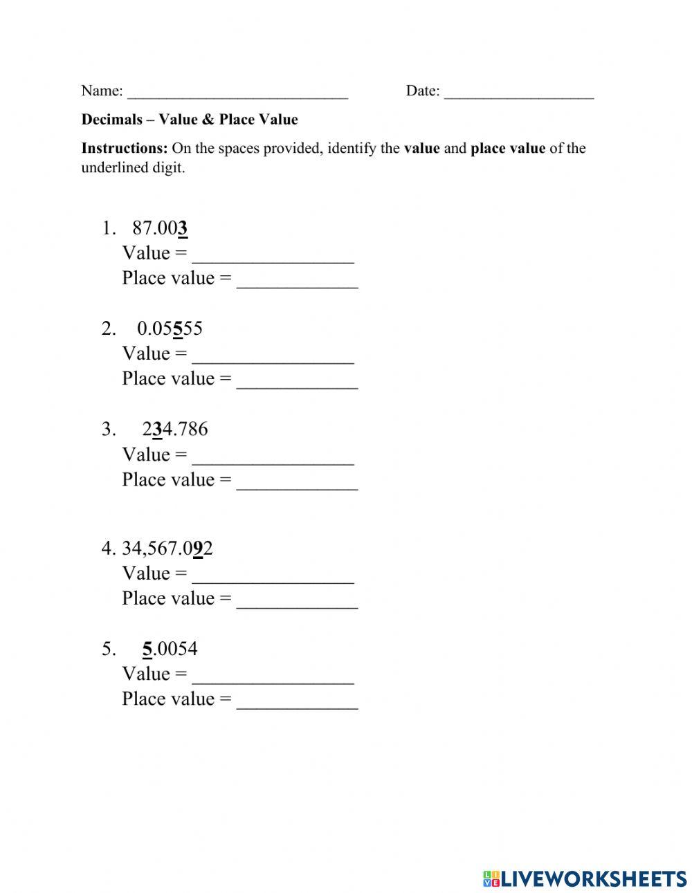 Value and Place Value | RAMJRUSSELL | Live Worksheets