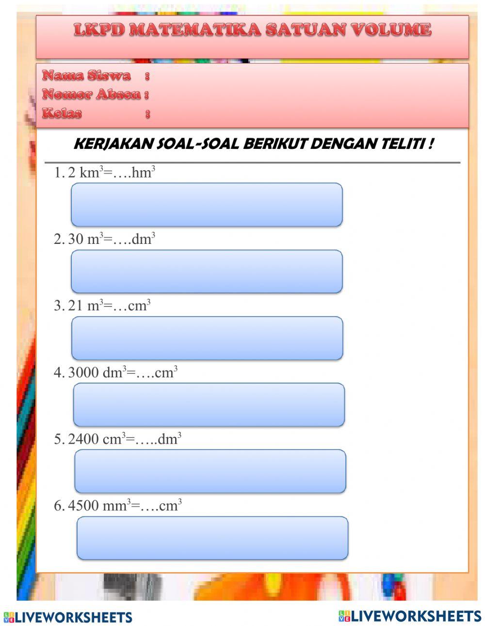 Satuan volume interactive worksheet | Live Worksheets