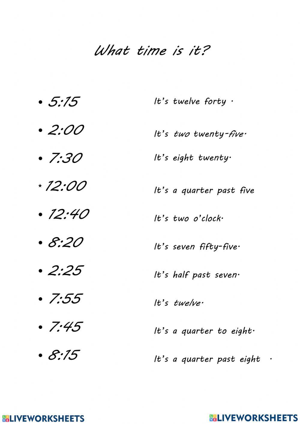 match:what time is it online exercise for | Live Worksheets