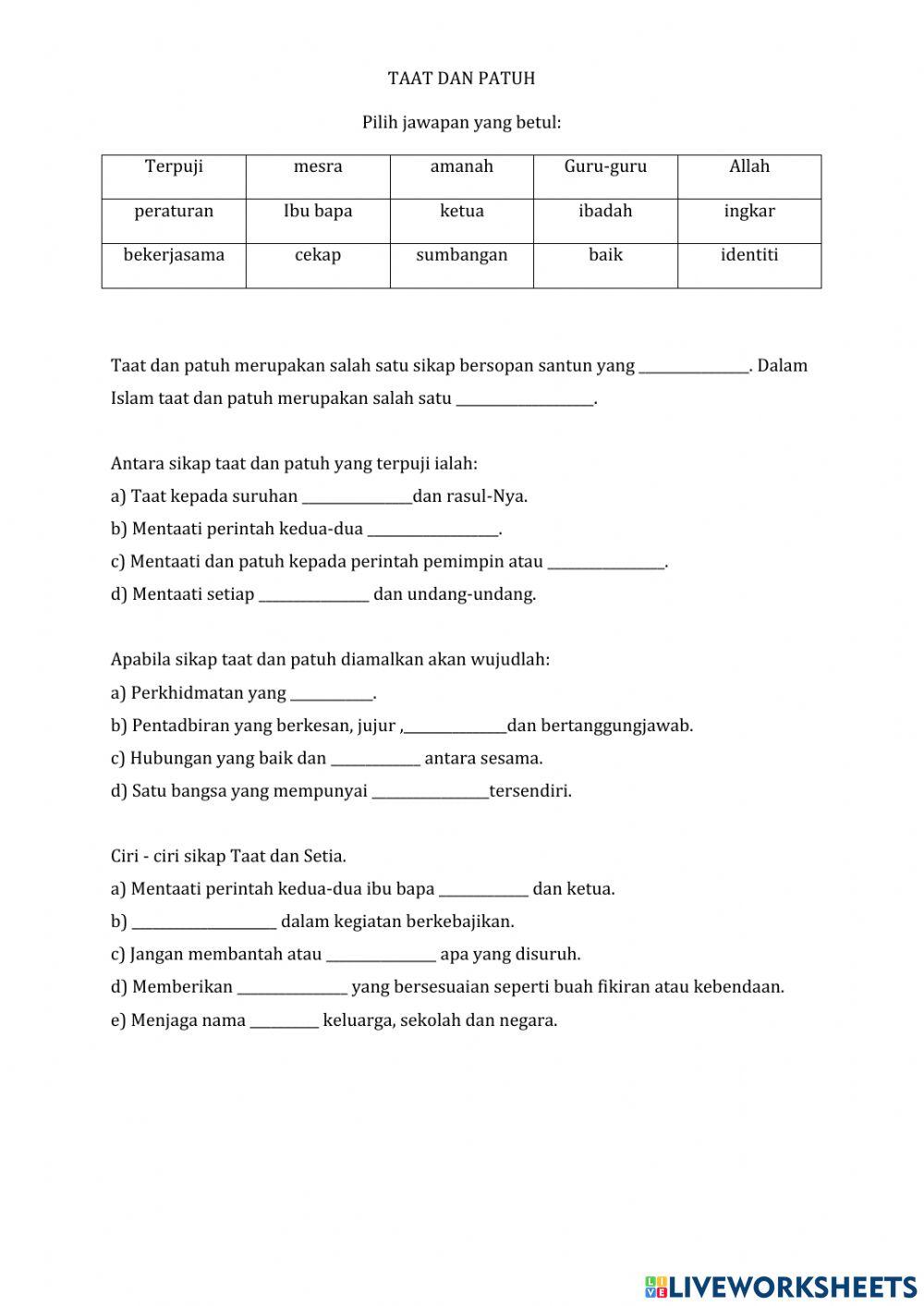 1395876 | Taat dan patuh | LizaQaisarra | LiveWorksheets