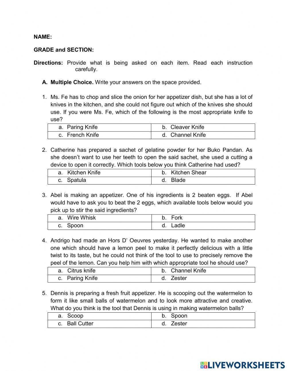 COOKERY 9 Week 3 Summative Test 3388098 | Kristha Jade
