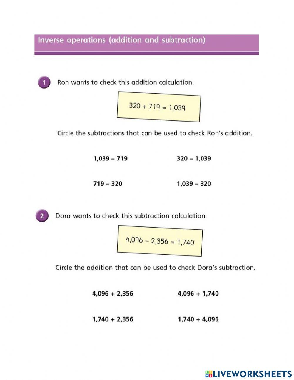 Inverse- Additi… | Free Interactive Worksheets | 1396301