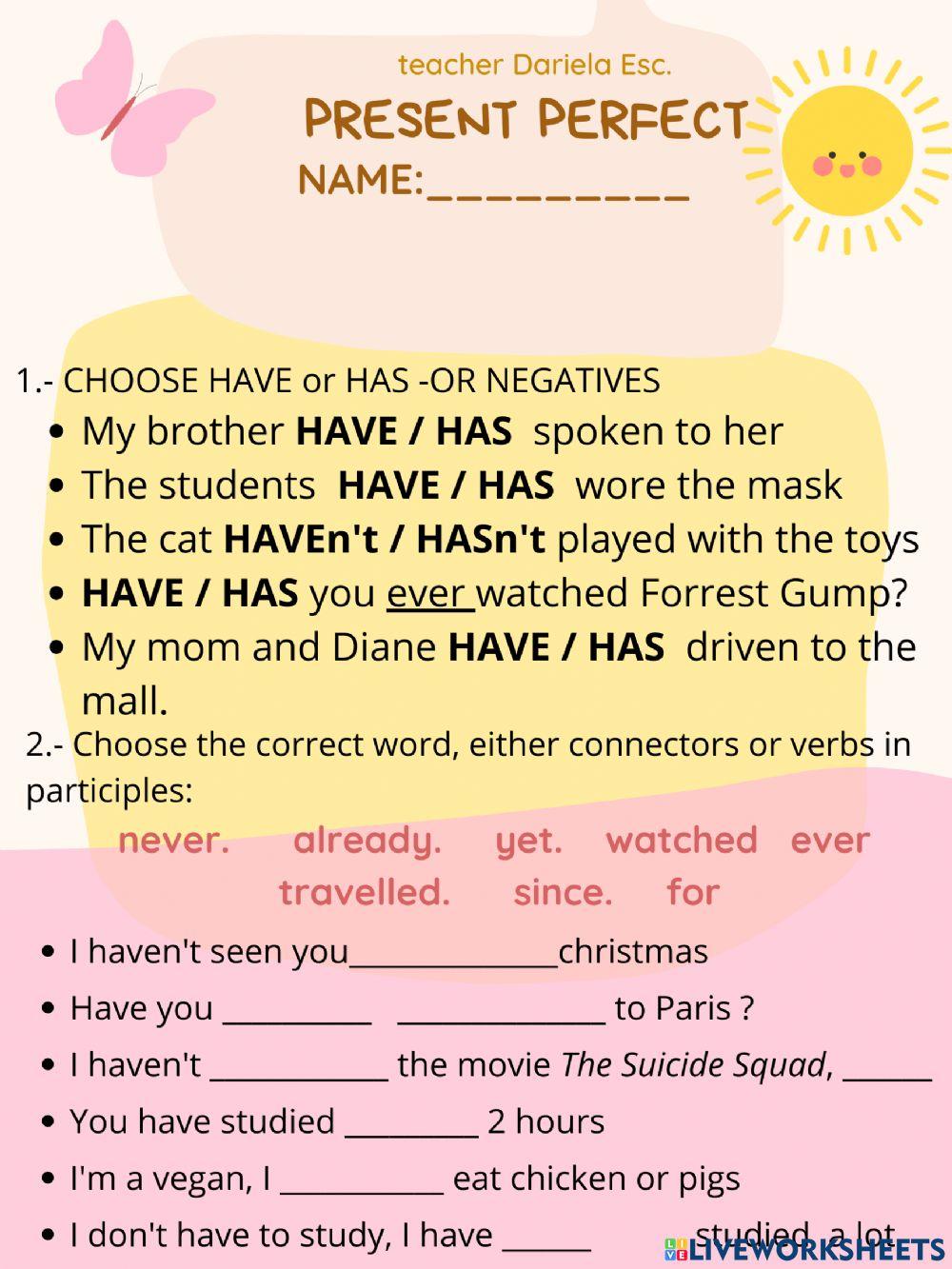 Present Perfect and Words worksheet | Live Worksheets