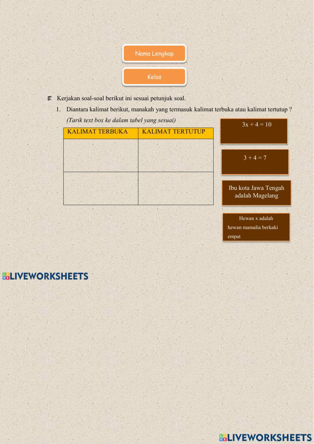 Pertemuan 1 PLSV worksheet | Live Worksheets